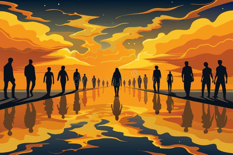 Silhouettes of People Walking in a Line on a Reflective Surface at ...