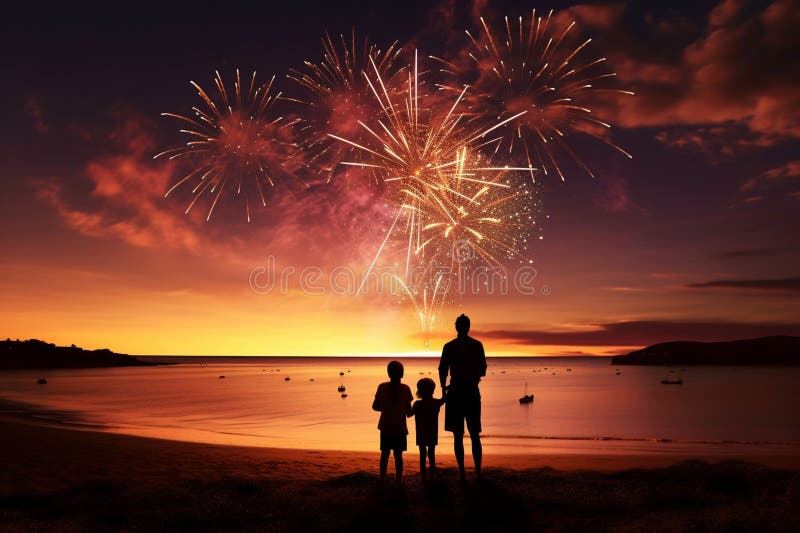 Silhouettes of People Watching Fireworks on a Stock Illustration ...