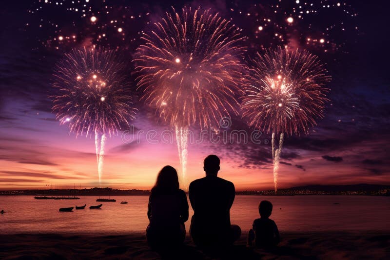 Silhouettes of People Watching Fireworks on a Stock Illustration ...
