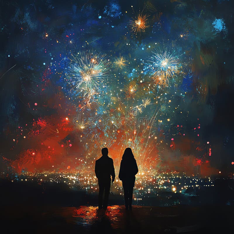 Silhouettes of People Watching Fireworks in the Night Sky Stock Photo ...