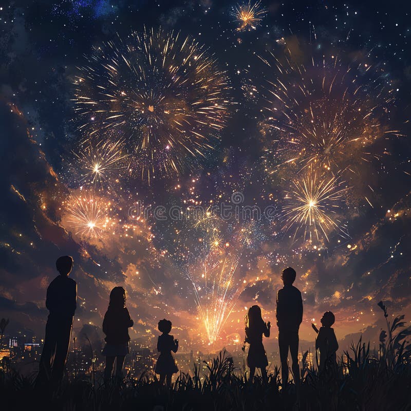 Silhouettes of People Watching Fireworks in the Night Sky Stock Photo ...