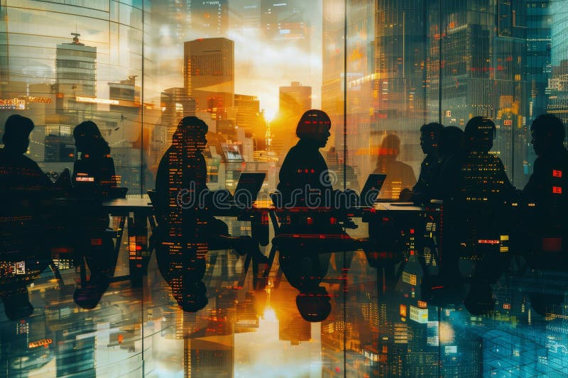 Silhouettes of People Working at Computers in City Stock Image - Image ...