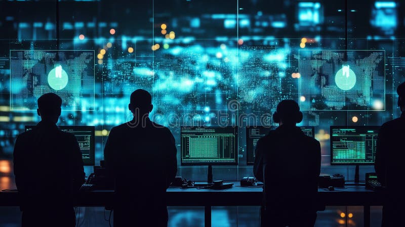 Silhouettes of People Working at Computers in High Tech Control Room ...