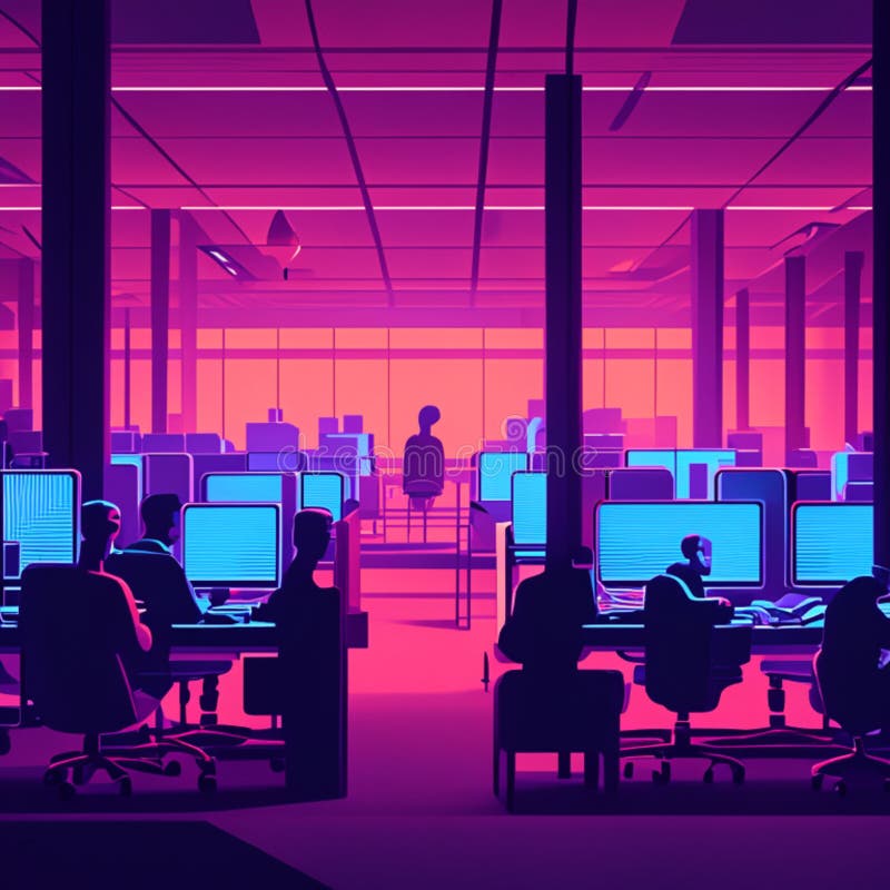 Silhouettes of People Working on Computers in an Office at Night ...