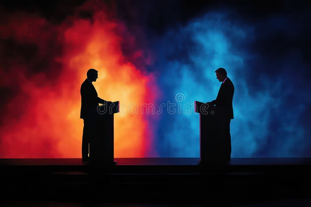 Silhouettes at Podiums in Dramatic Debate Setting Stock Image - Image ...