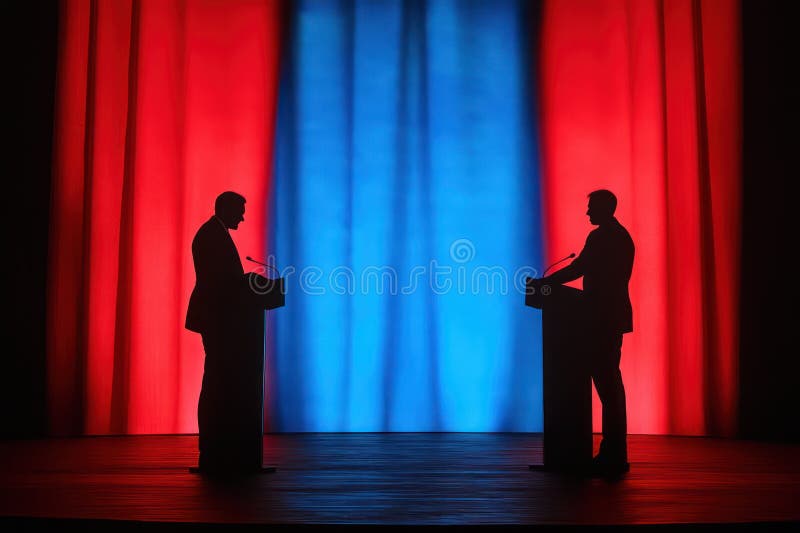 Silhouettes at Podiums in Dramatic Debate Setting Stock Photo - Image ...