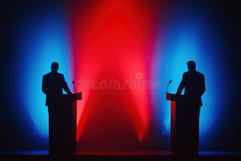 Silhouettes at Podiums in Dramatic Debate Setting Stock Image - Image ...