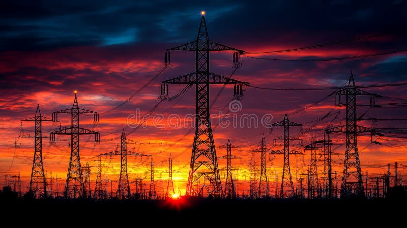 Silhouettes of Power Lines Against a Vibrant Sunset Sky Stock ...