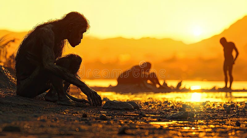 Silhouettes of Prehistoric Humans Against a Sunset Sky Reflecting on ...