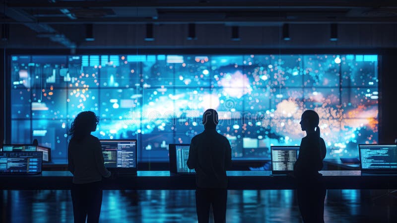 Silhouettes of Professionals Working on Computers in Front of a Large ...