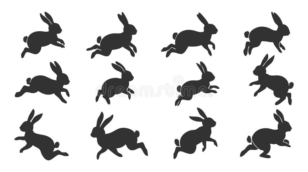 Silhouettes of Rabbits in Various Hopping and Running Poses Stock ...