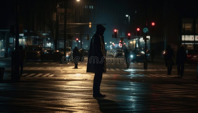 Silhouettes Rush through Wet City Streets at Night Generated by AI ...