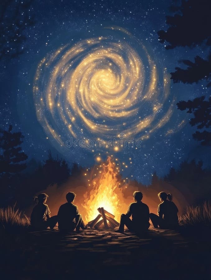 Silhouettes of Scouts Gathered Around a Campfire Under a Starry Sky ...