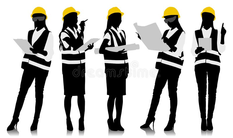 Silhouettes Set of Female Workers with Helmets. Full Length View Stock ...