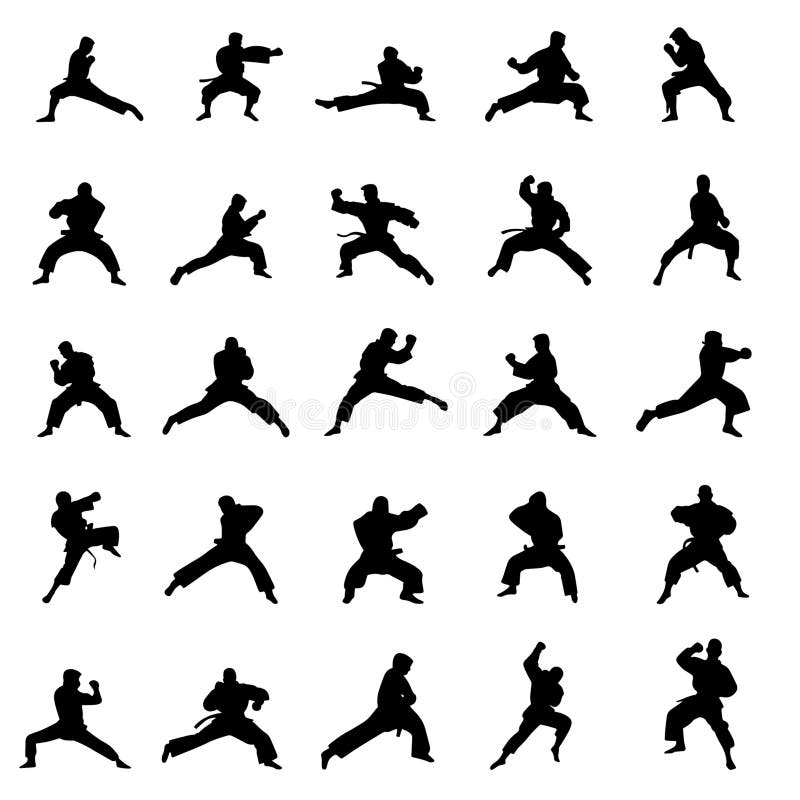 Silhouettes Set Of A Karate Fighter Doing Multiple Poses And Actions No Background Stock Vector