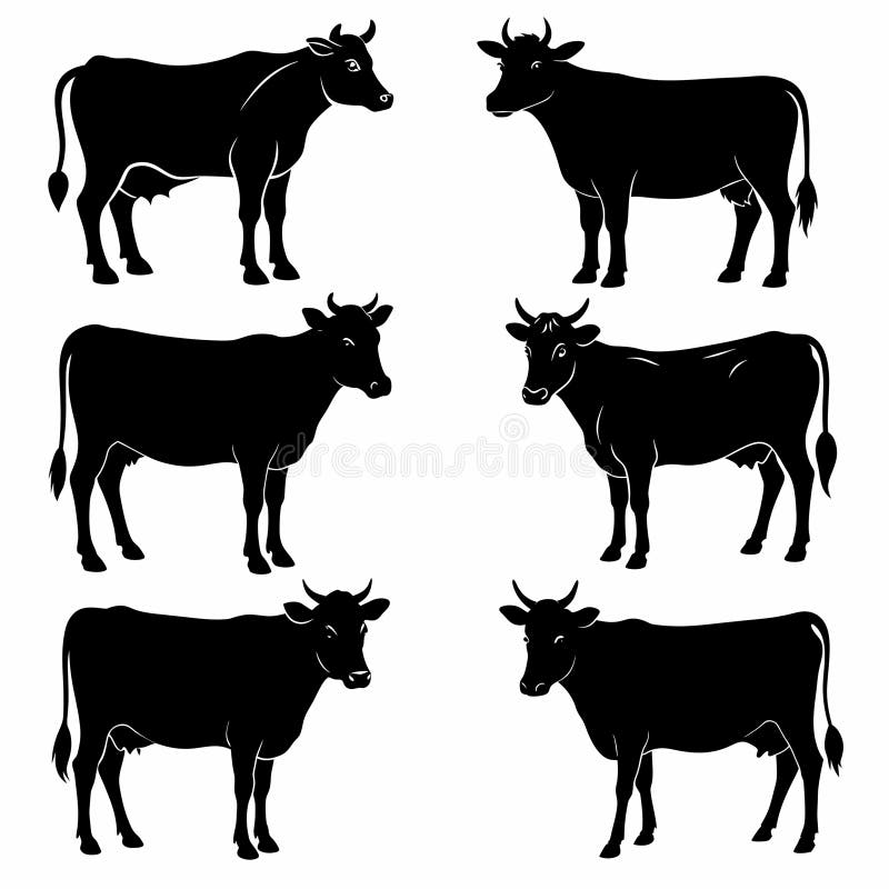 Silhouettes of Six Different Cows Stock Illustration - Illustration of ...