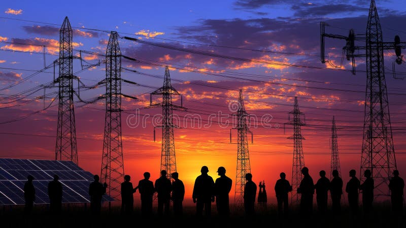 Silhouettes, Solar Panels, Power Lines Under Dramatic Sunset Renewable ...