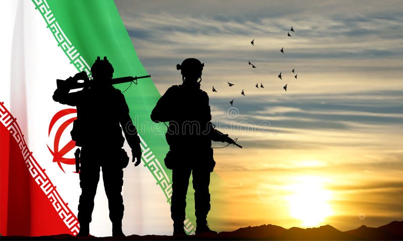Silhouettes of a Soldiers Against the Sunset with Iran Flag Stock ...