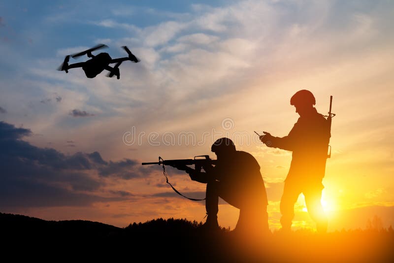 Silhouettes of Soldiers are Using Drone and Laptop Computer for ...