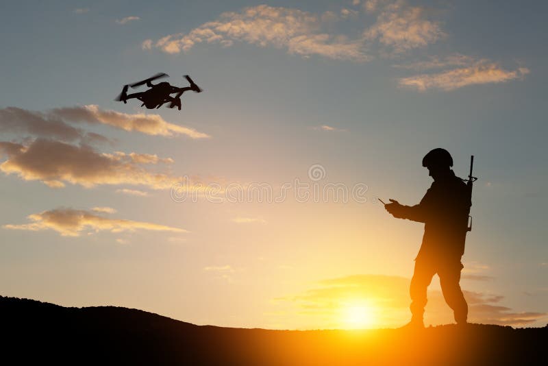 Silhouettes of Soldiers are Using Drone and Laptop Computer for ...