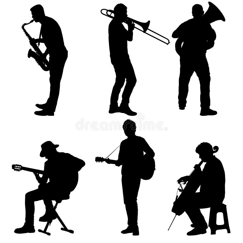 Silhouettes Street Musicians Playing Instruments on a White Background ...