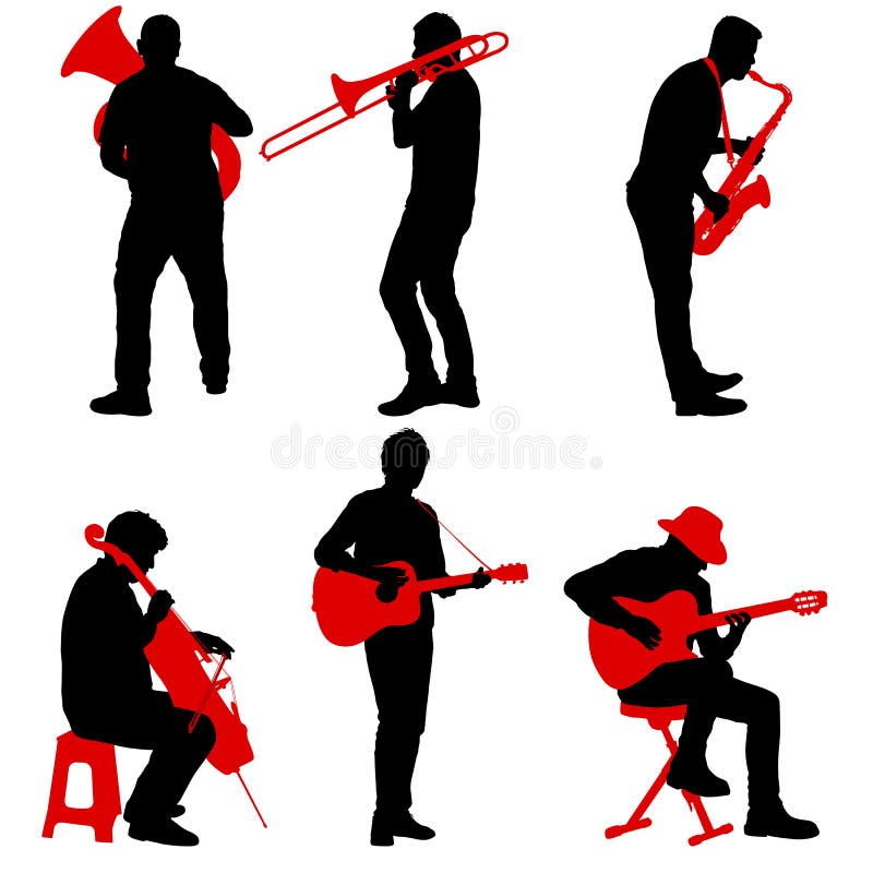 Silhouettes Street Musicians Playing Instruments on a White Background ...