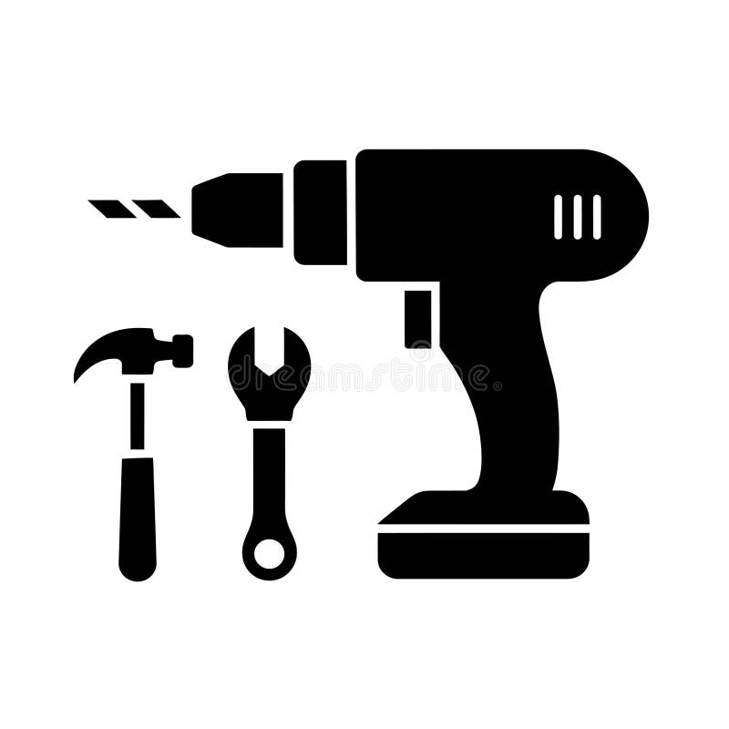 Silhouettes of Three Common Tools, Including a Cordless Drill, Hammer ...