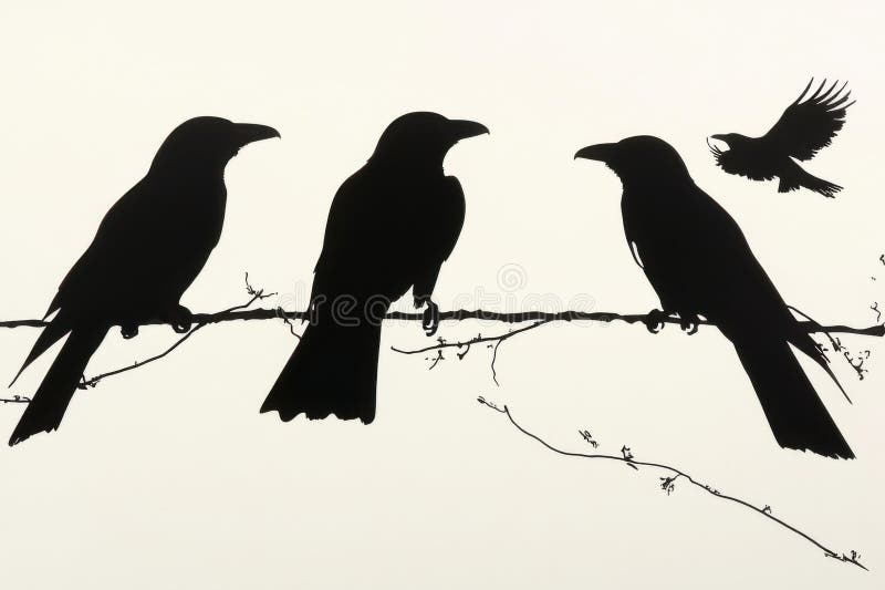 Silhouette of Three Crows Perched on Branches with a Flying Bird in the ...