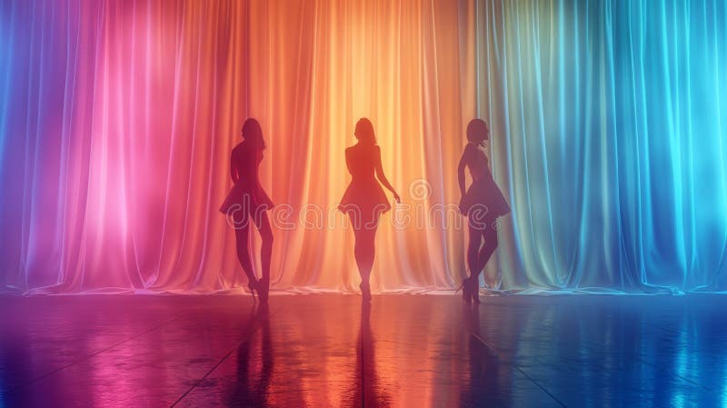 Silhouettes of Three Dancers in Front of Vibrant, Multicolored Curtains ...