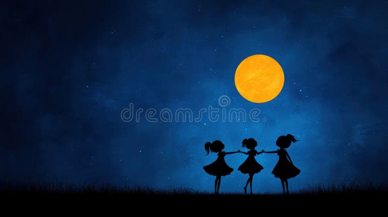 Silhouettes of Three Girls Holding Hands Under a Full Moon in a Night ...