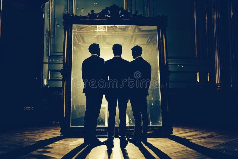 Silhouettes of Three Men in Front of a Framed Mirror Stock Image ...