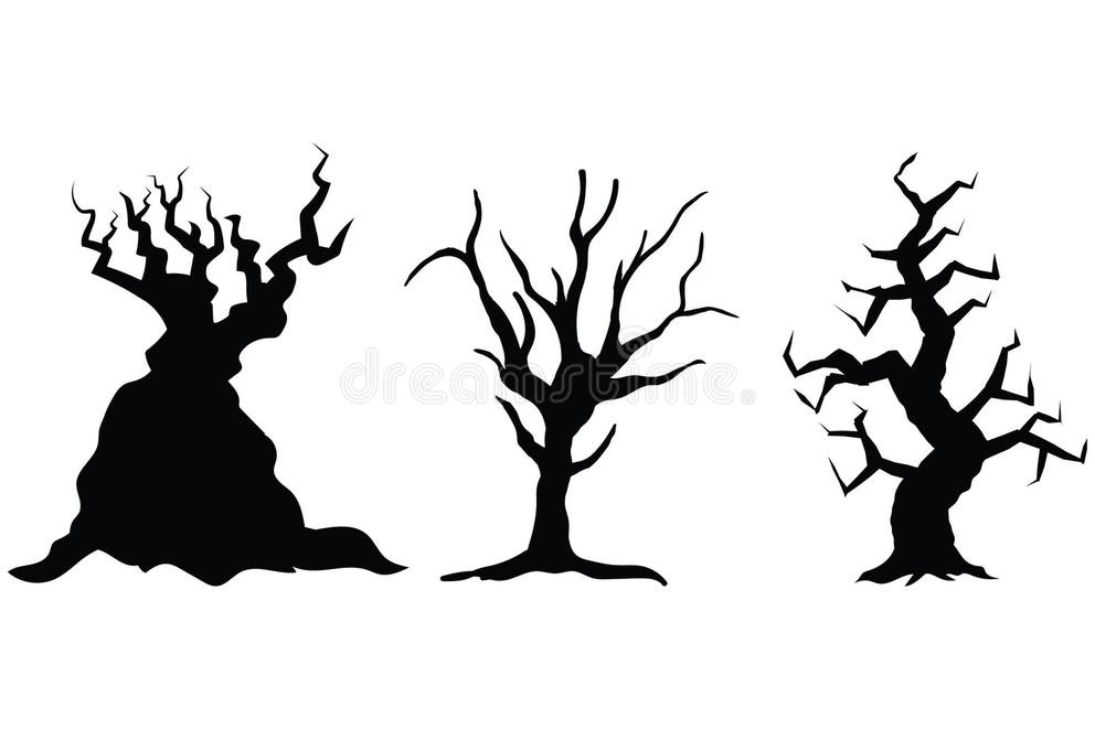 Spooky Cartoon Halloween Tree Vector Silhouette Stock Illustration ...