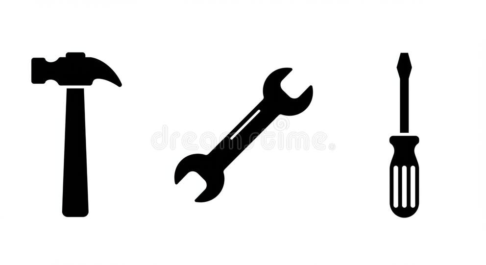 Silhouettes of Three Tools on a White Background: a Claw Hammer with a ...