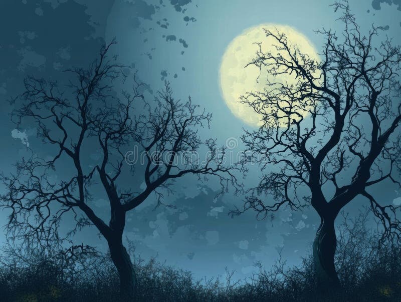 Silhouettes of Trees Under a Full Moon Stock Illustration ...