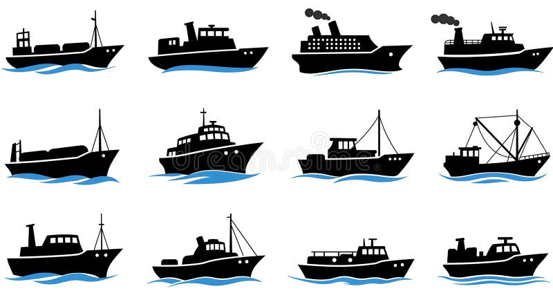 Silhouettes of Twelve Different Types of Ships are Arranged in a Grid ...