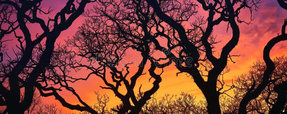 Silhouettes of Twisted Tree Branches at Sunset Stock Image - Image of ...