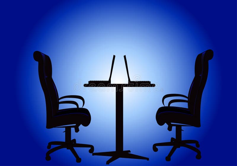 Silhouettes Two Chairs and Table with Computer Stock Illustration ...