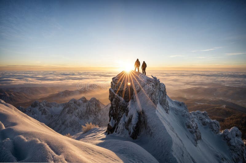 Silhouettes of Two Climbers on the Top of a Mountain Stock Illustration ...