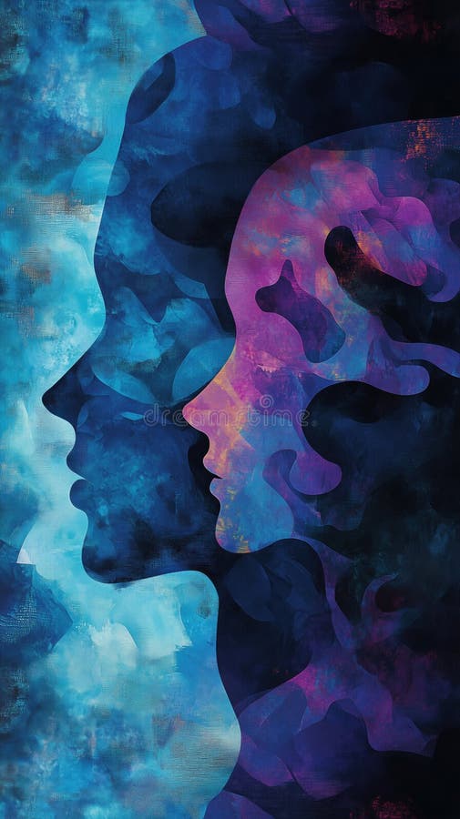 Silhouettes of Two Faces in Abstract Blue and Purple Colors ...