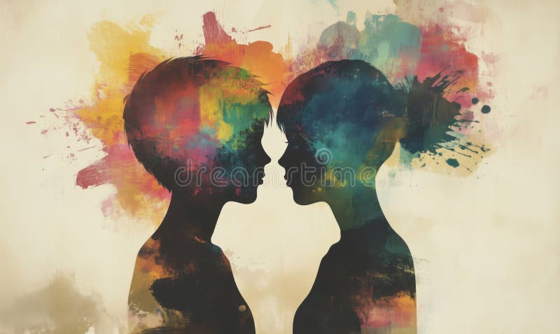 Silhouettes of Two Faces with Colorful Abstract Background Representing ...