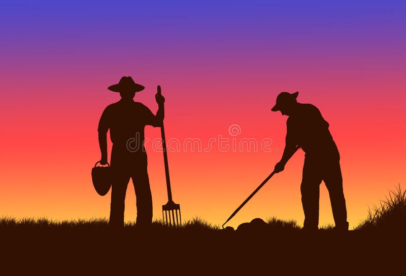 A Silhouettes of Two Farm Workers Working in the Field Stock ...