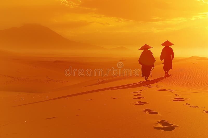 Silhouettes of Two Men with Conical Hats Walking in Desert at Sunset Ai ...