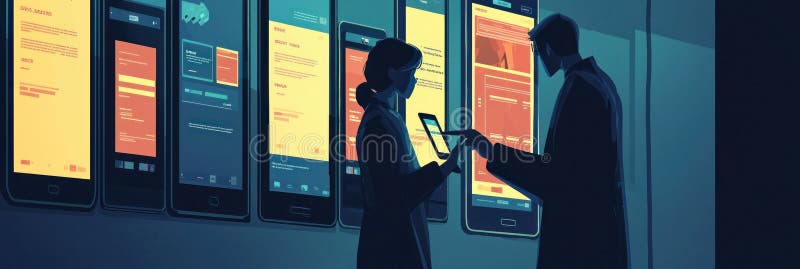 Silhouettes of Two People Standing in Front of a Wall of Glowing ...