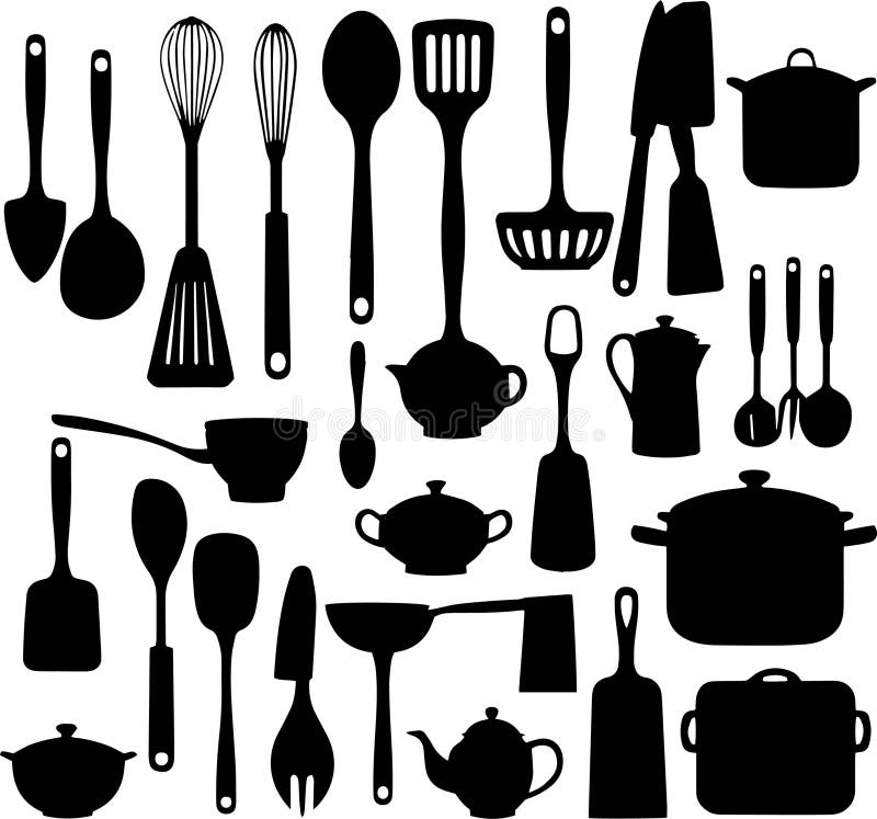 Kitchen Utensils Silhouette Tools Set Vector Illustration. Stock Vector ...