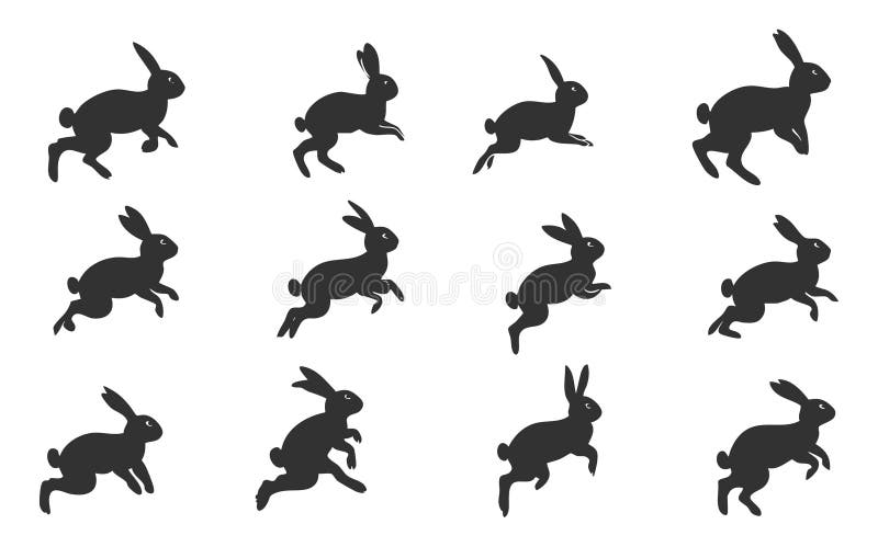 Silhouettes of Various Rabbits in Motion on White Background Stock ...