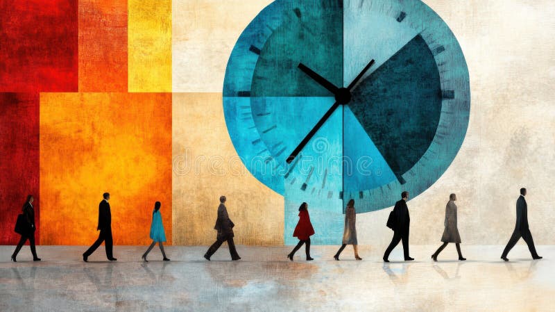 Silhouettes Walk Past a Large Abstract Clock, Symbolizing Time and ...