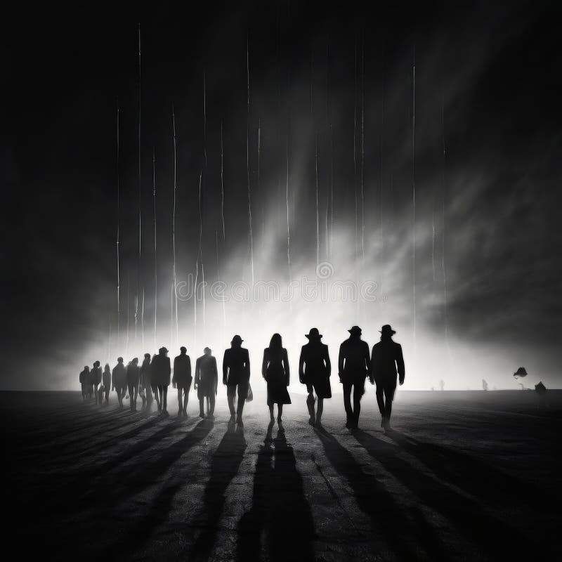 Silhouettes Walking into a Misty Horizon with Dramatic Lighting Stock ...