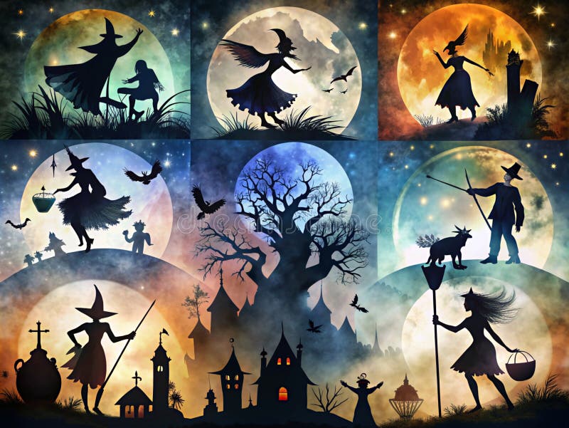 Silhouettes of Witches in Different Poses with the Moon in the ...