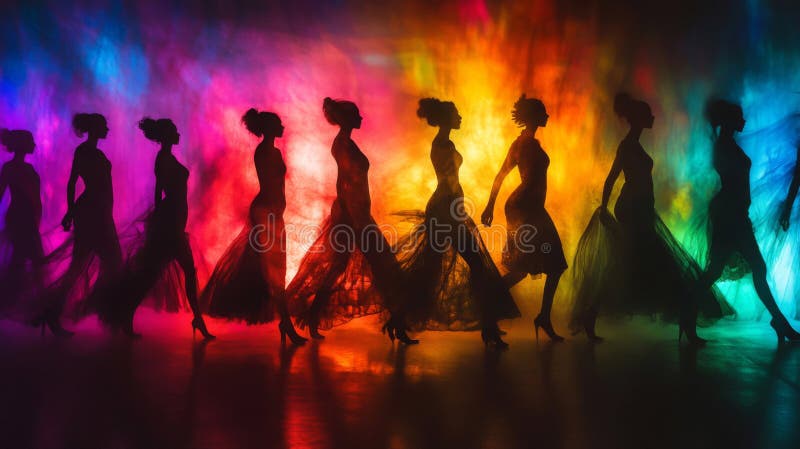 Silhouettes of Women Dancing in Colorful Smoke Stock Illustration ...