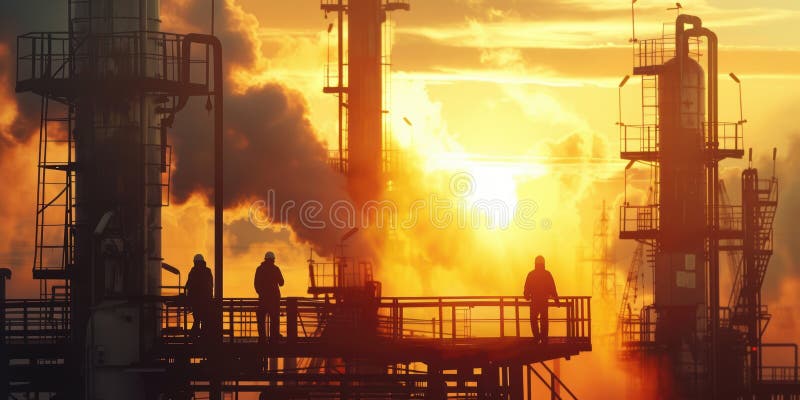 Silhouettes of Workers at Refinery Sunset. Created by Generative ...